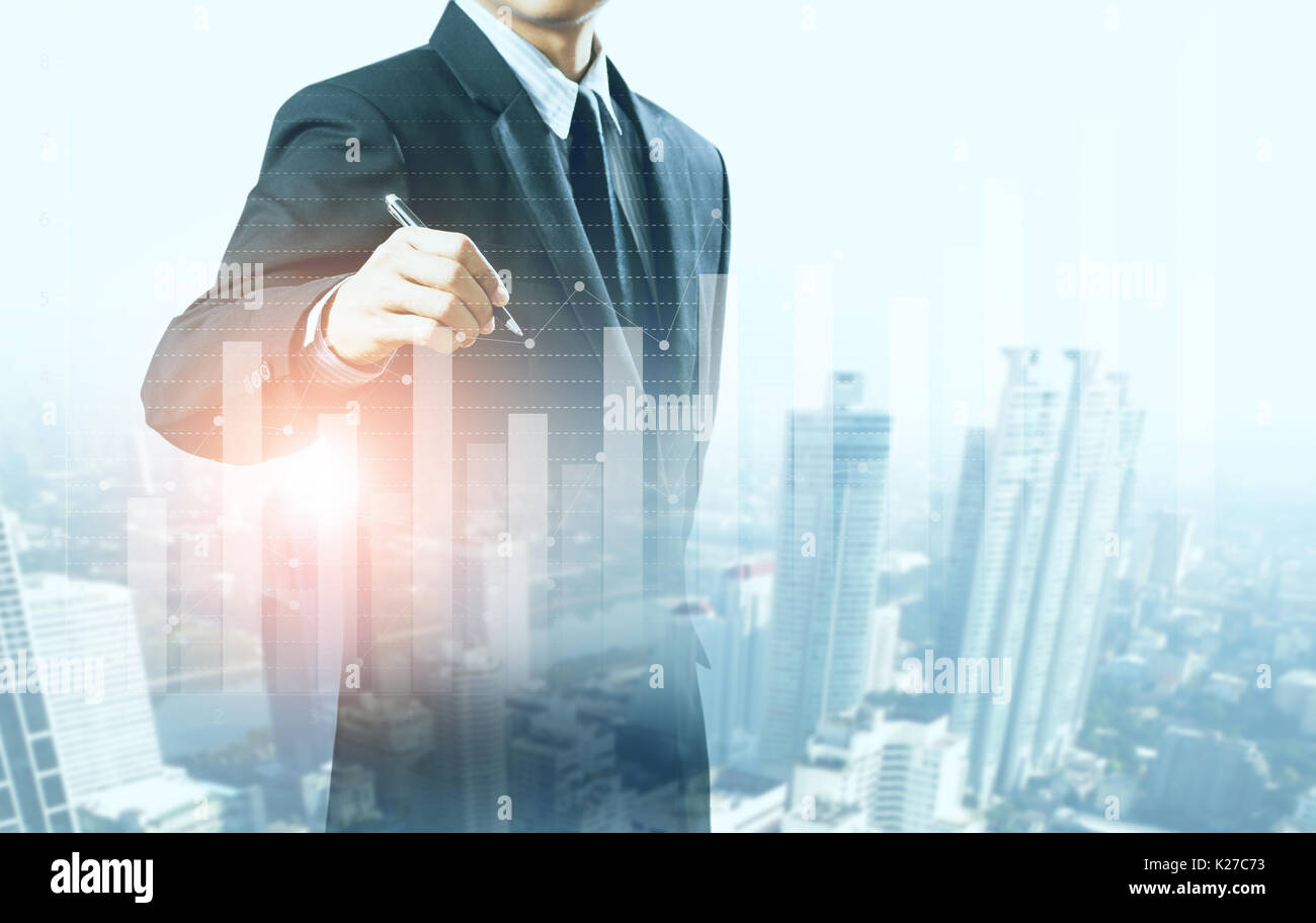 businessman present increasing graph with city background, business ...