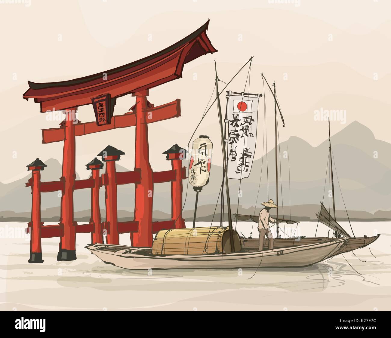 Floating gate of Itsukushima Shrine - vector illustration Stock Vector ...