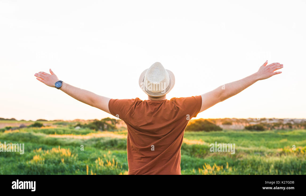 Silhouette freedom man rise hands up inspire good morning. Christian ...