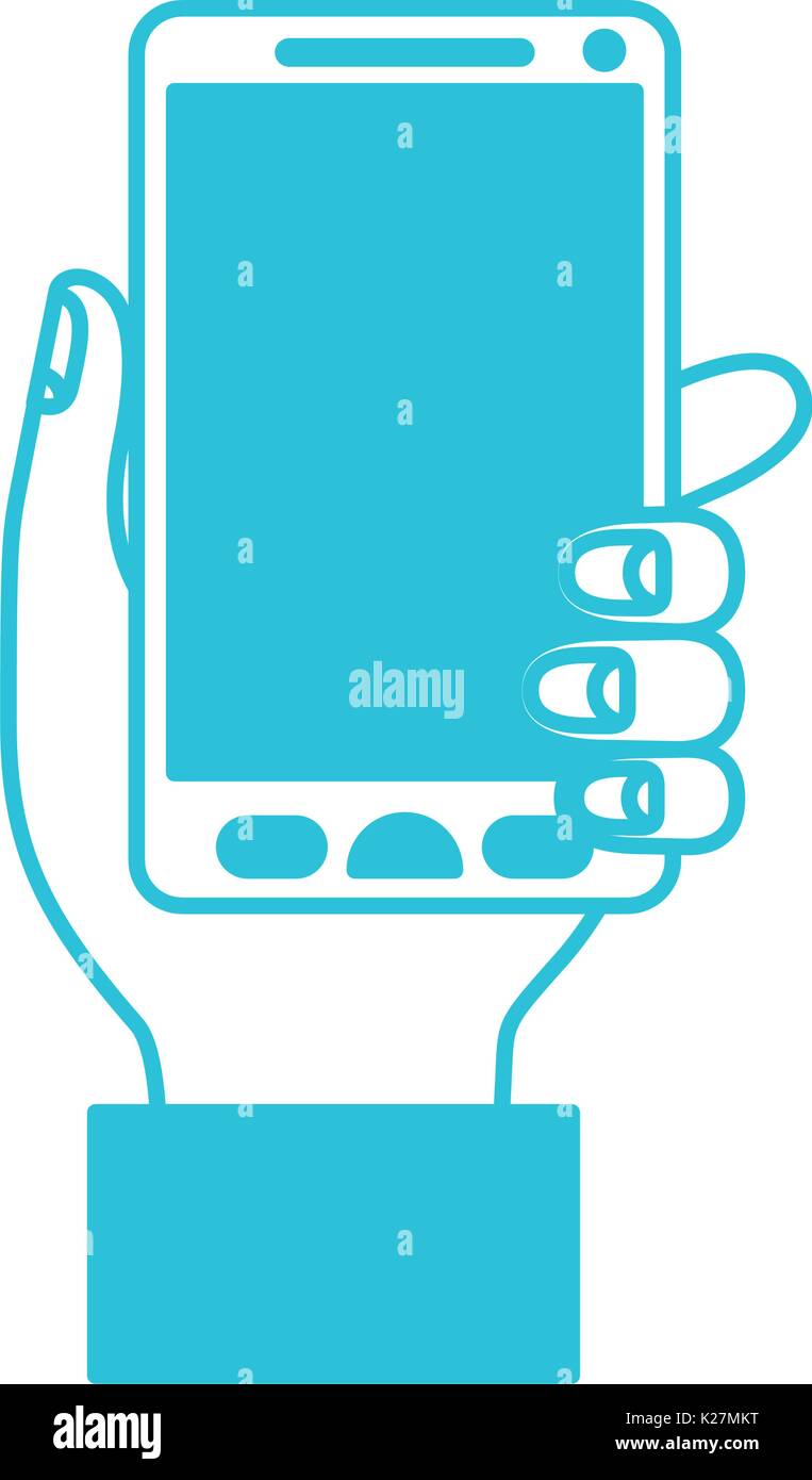 blue color silhouette of hand holding smartphone Stock Vector Image ...