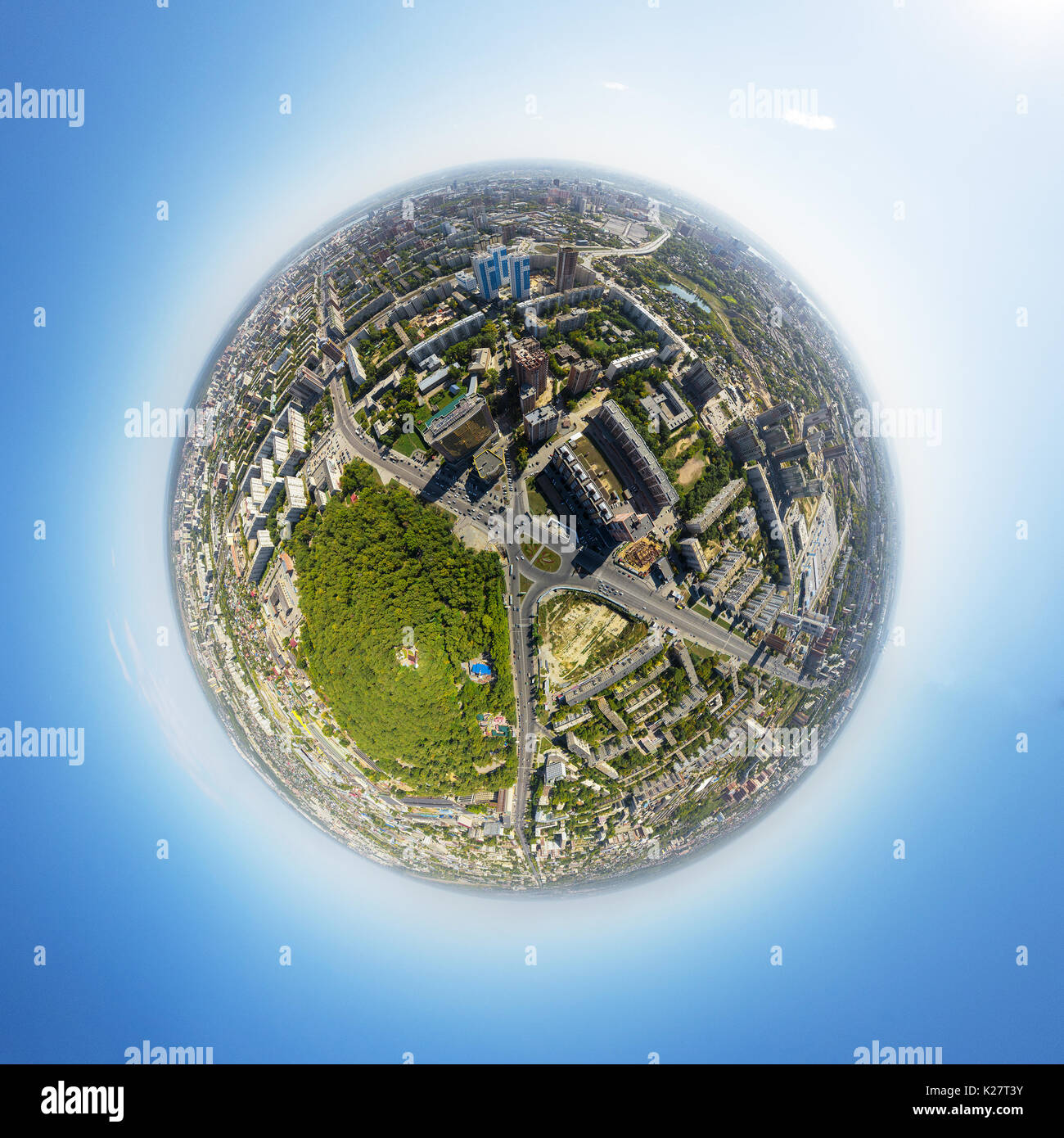 Aerial view of downtown. Crossroads, houses, buildings and parks ...