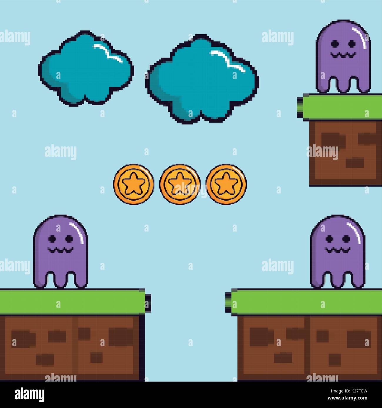 display game pixel interface with ghost and clouds icons colorful ...