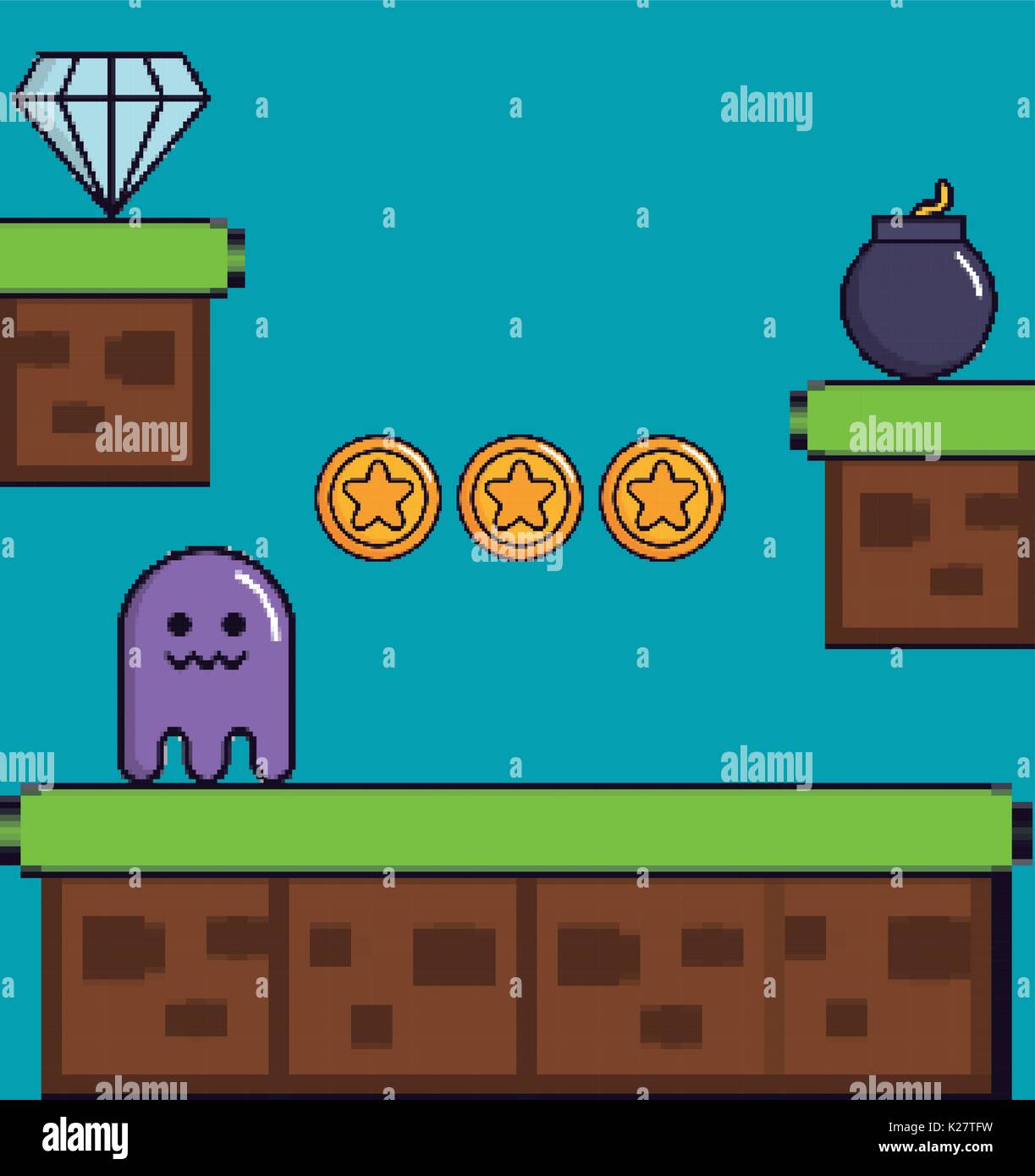 display game pixel interface with ghost and diamond icons colorful ...
