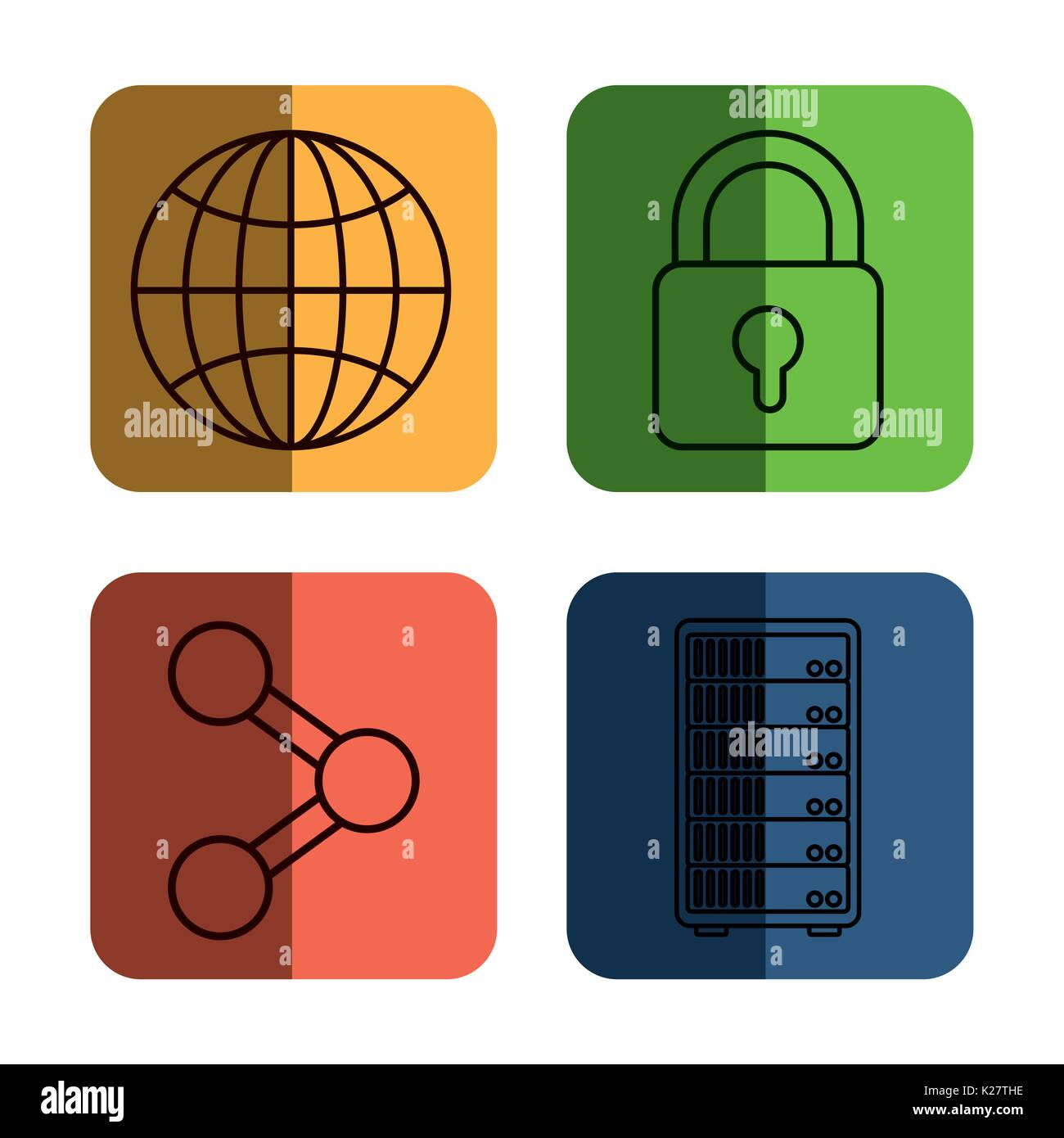Data center related icons over colorful squares and white background ...