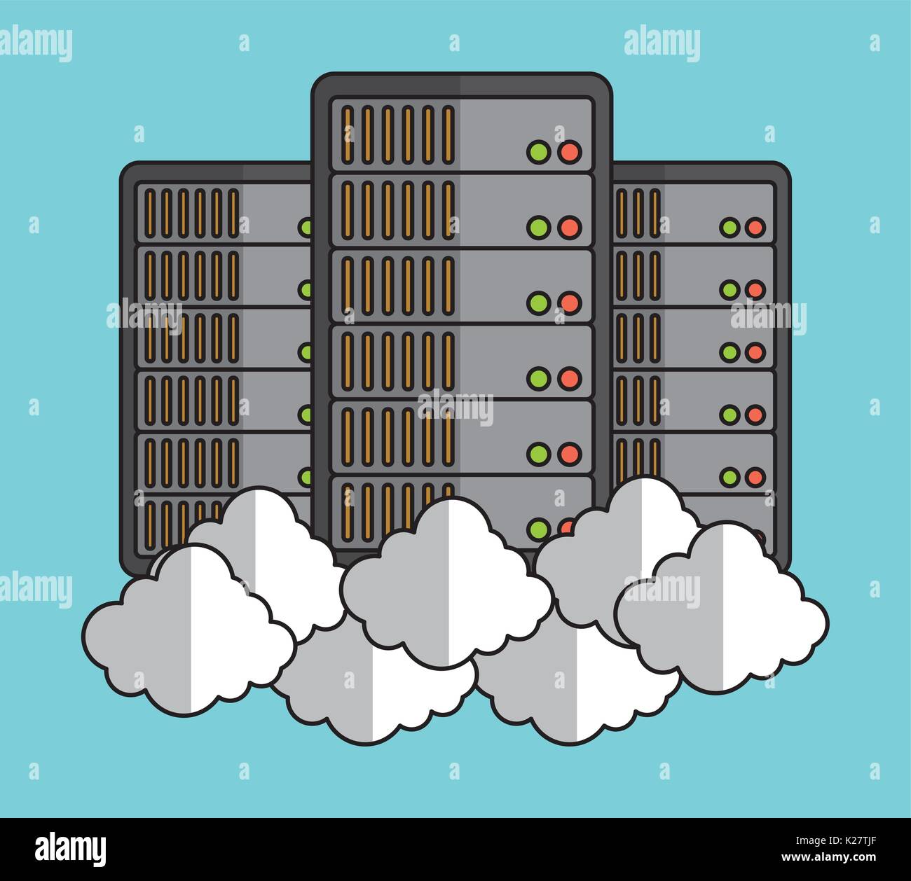 clouds and data center cabinet icon over blue background colorful ...