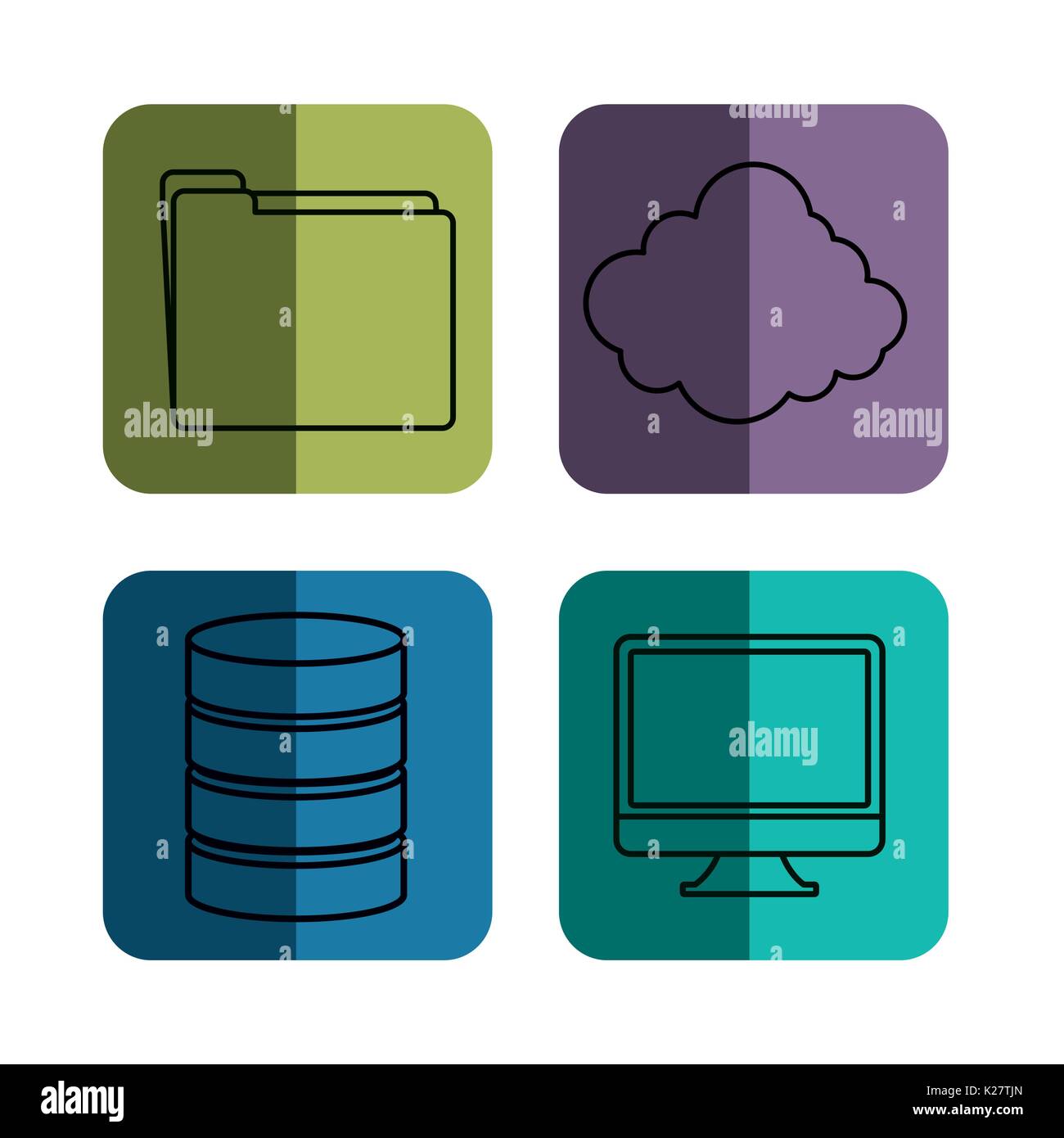 Data center related icons over colorful squares and white background ...