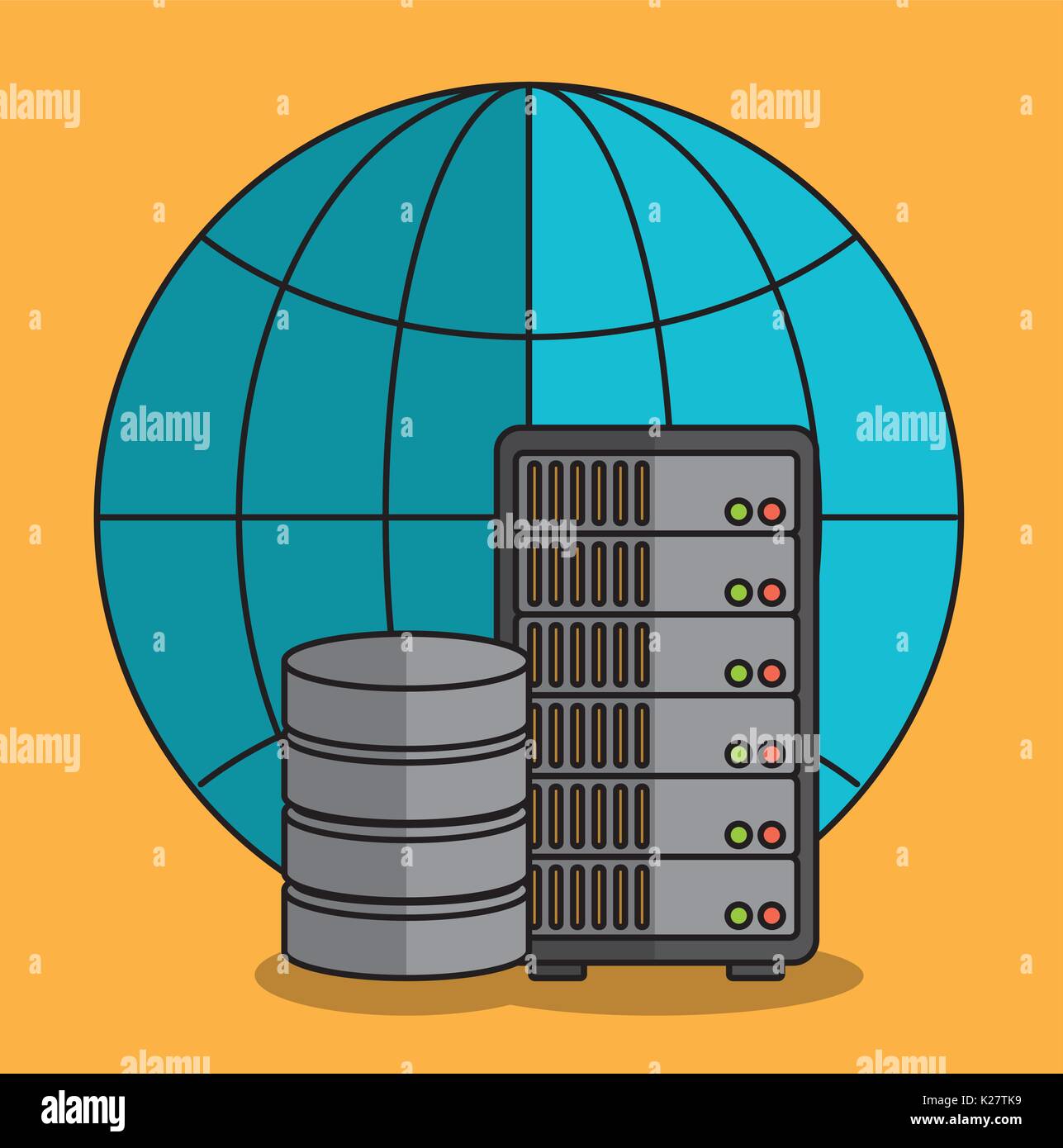 global sphere and data center disk icon over yellow background colorful ...