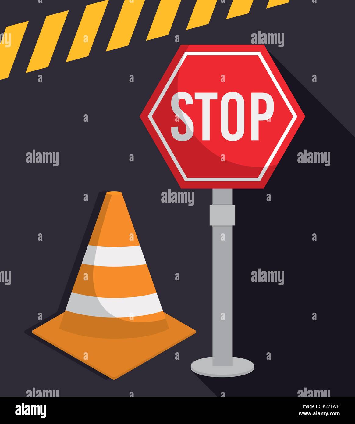 stop sign and caution cone icon over black background colorful design ...