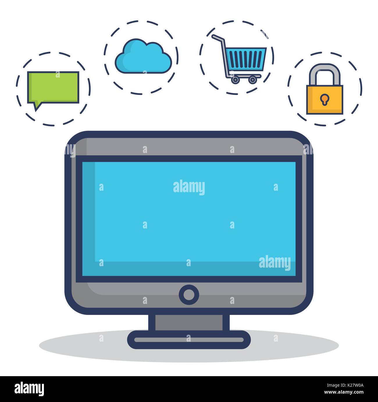 computer with digital marketing related icons over white background ...