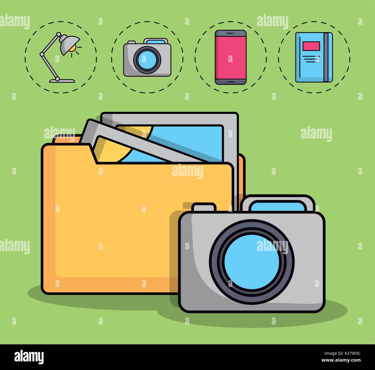 folder and camera with creative process related icons over green ...