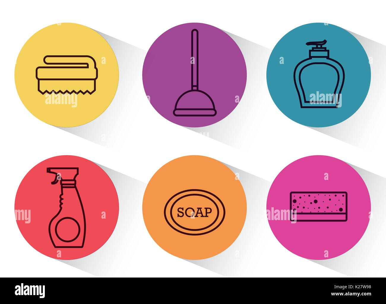 cleaning equipment related icons over colorful circles and white ...
