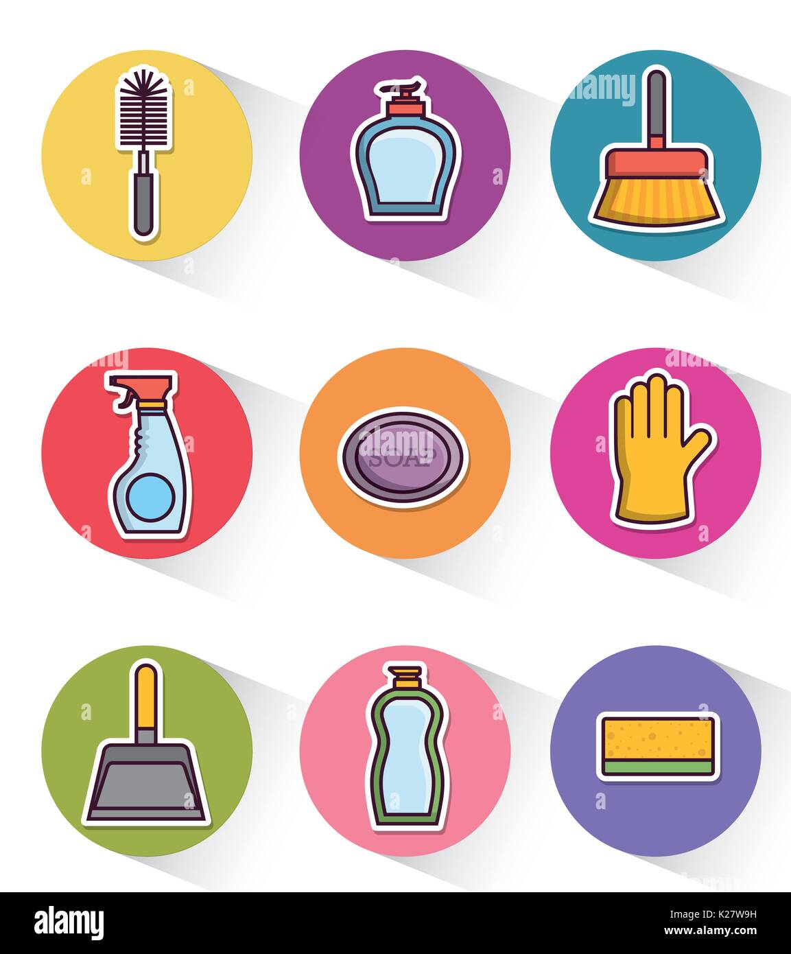 cleaning equipment related icons over colorful circles and white ...