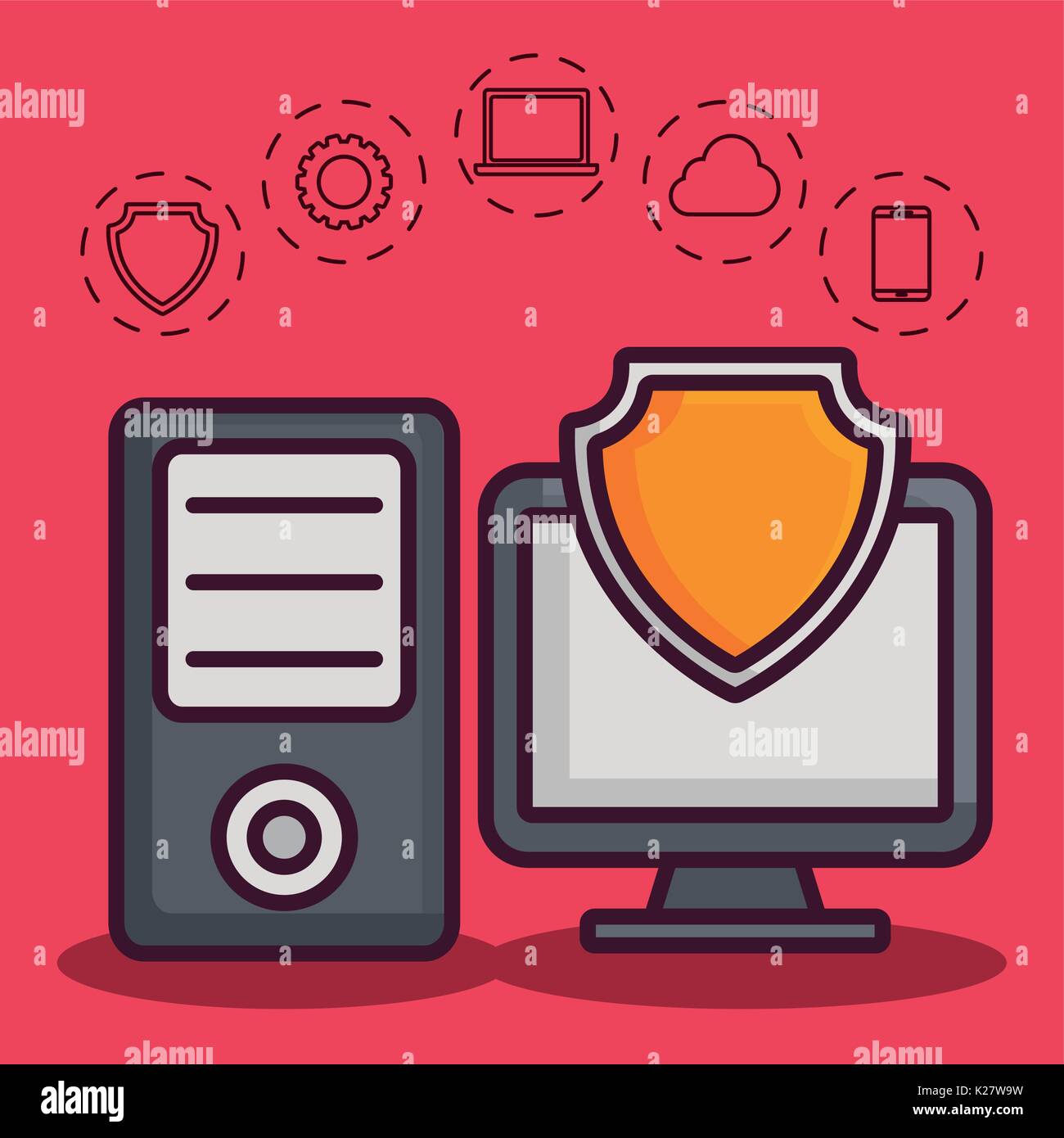 computer and shield with cyber security related icons over red ...