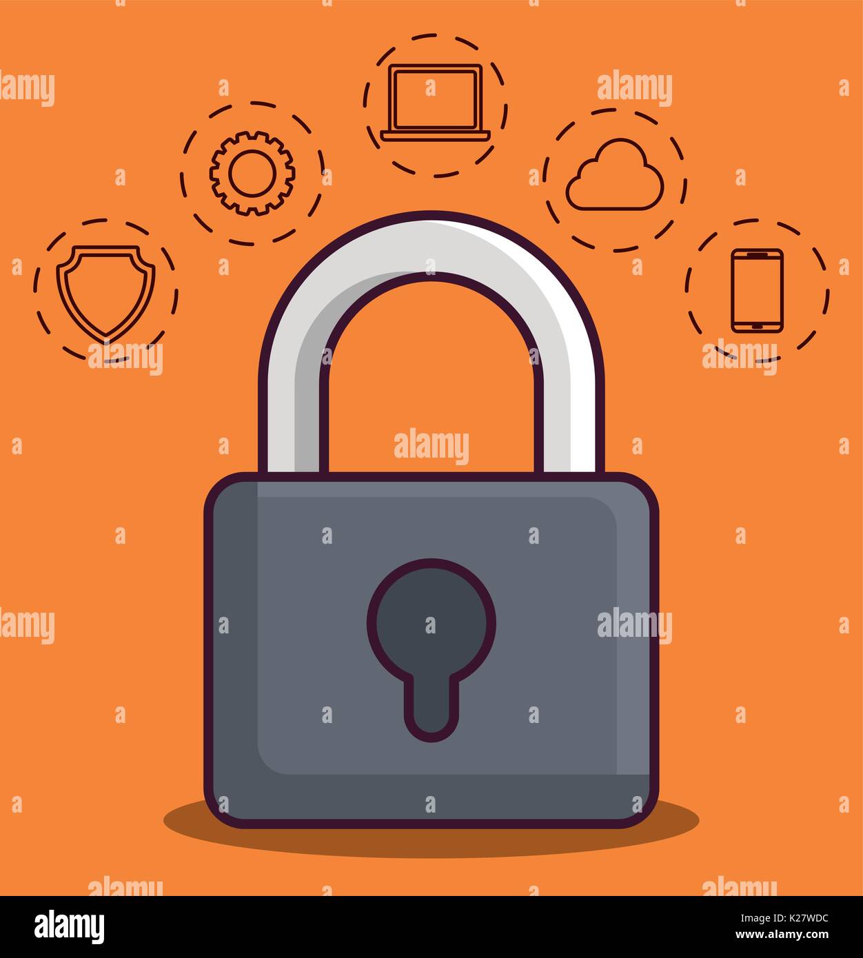 padlock and cyber security related icons over orange background ...