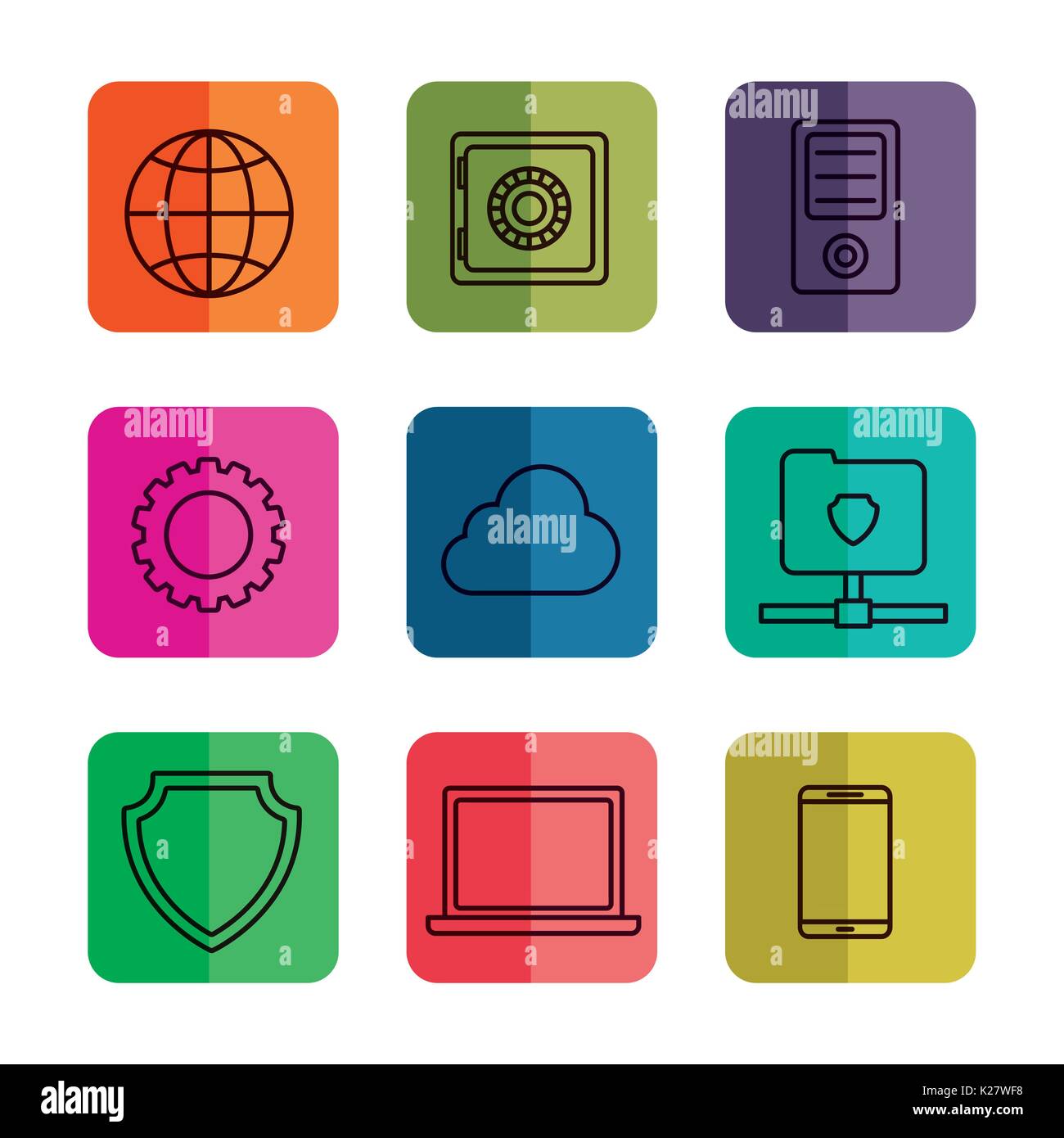 cyber security related icons over colorful squares and white background ...