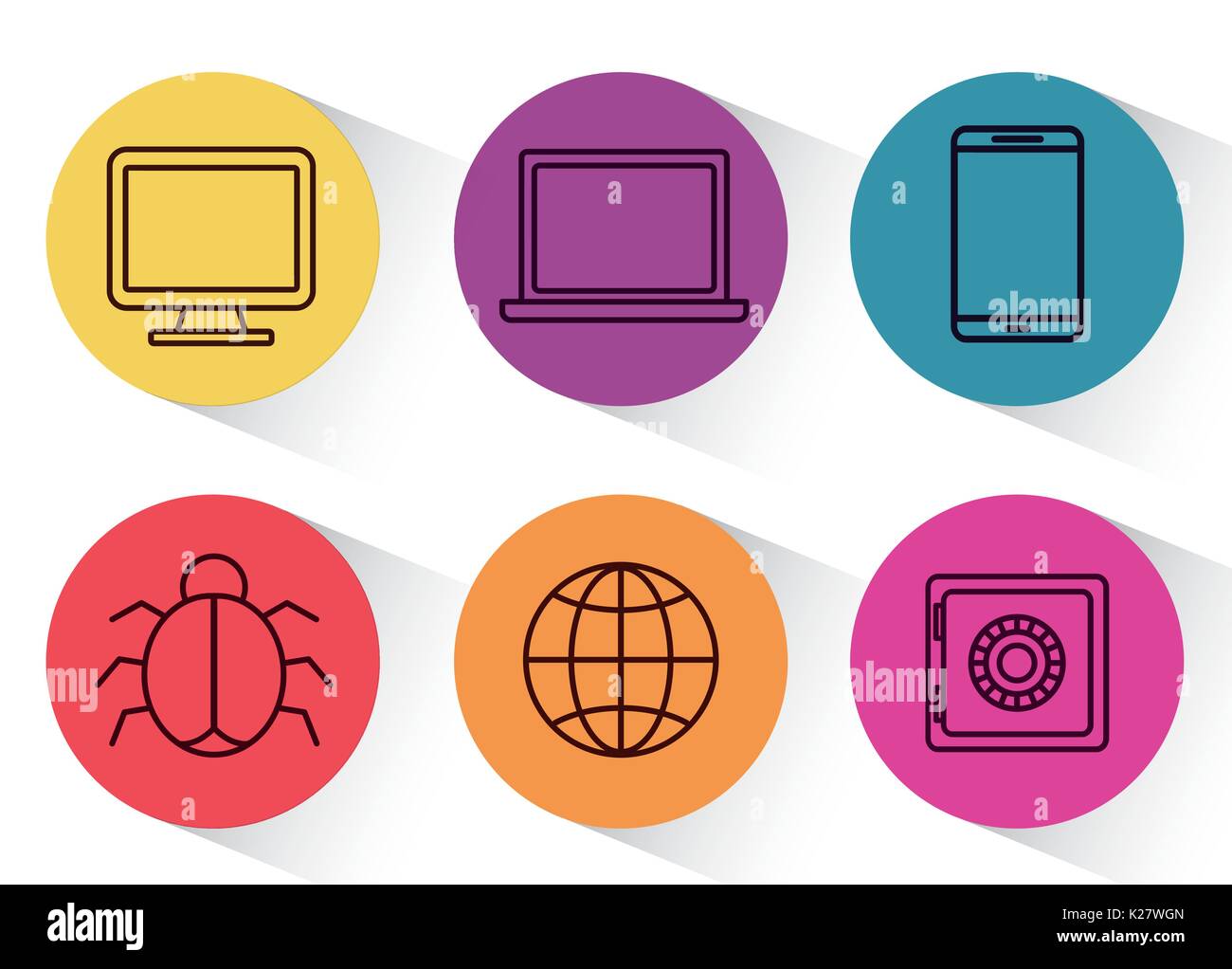 cyber security related icons over colorful circles and white background ...