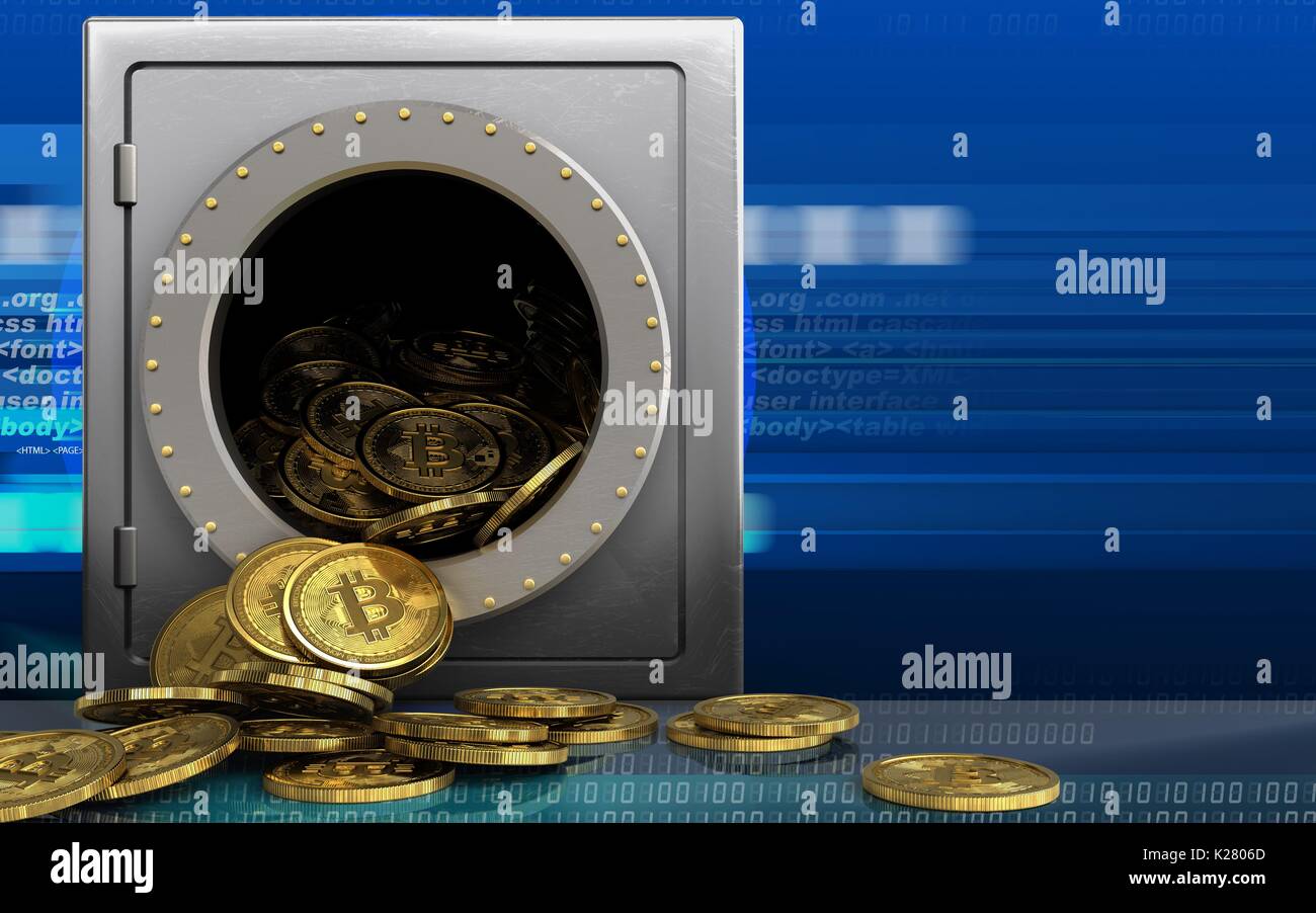 3d illustration of metal safe with bitcoins heap over cyber background ...