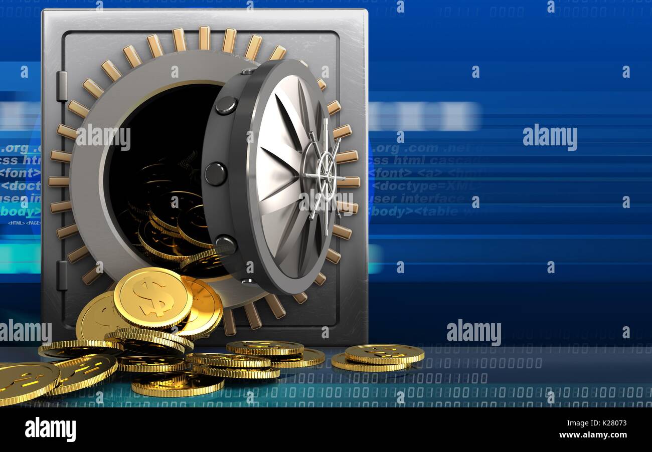 3d illustration of metal safe with dollar coins over cyber background ...