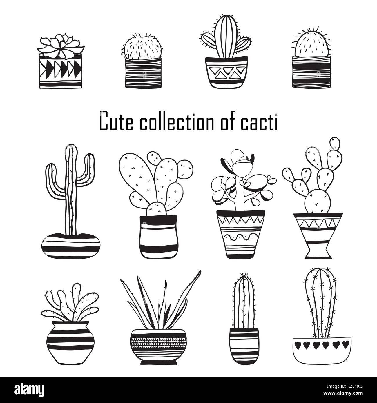 Cute collection of cacti . Vector contour illustration Stock Vector ...