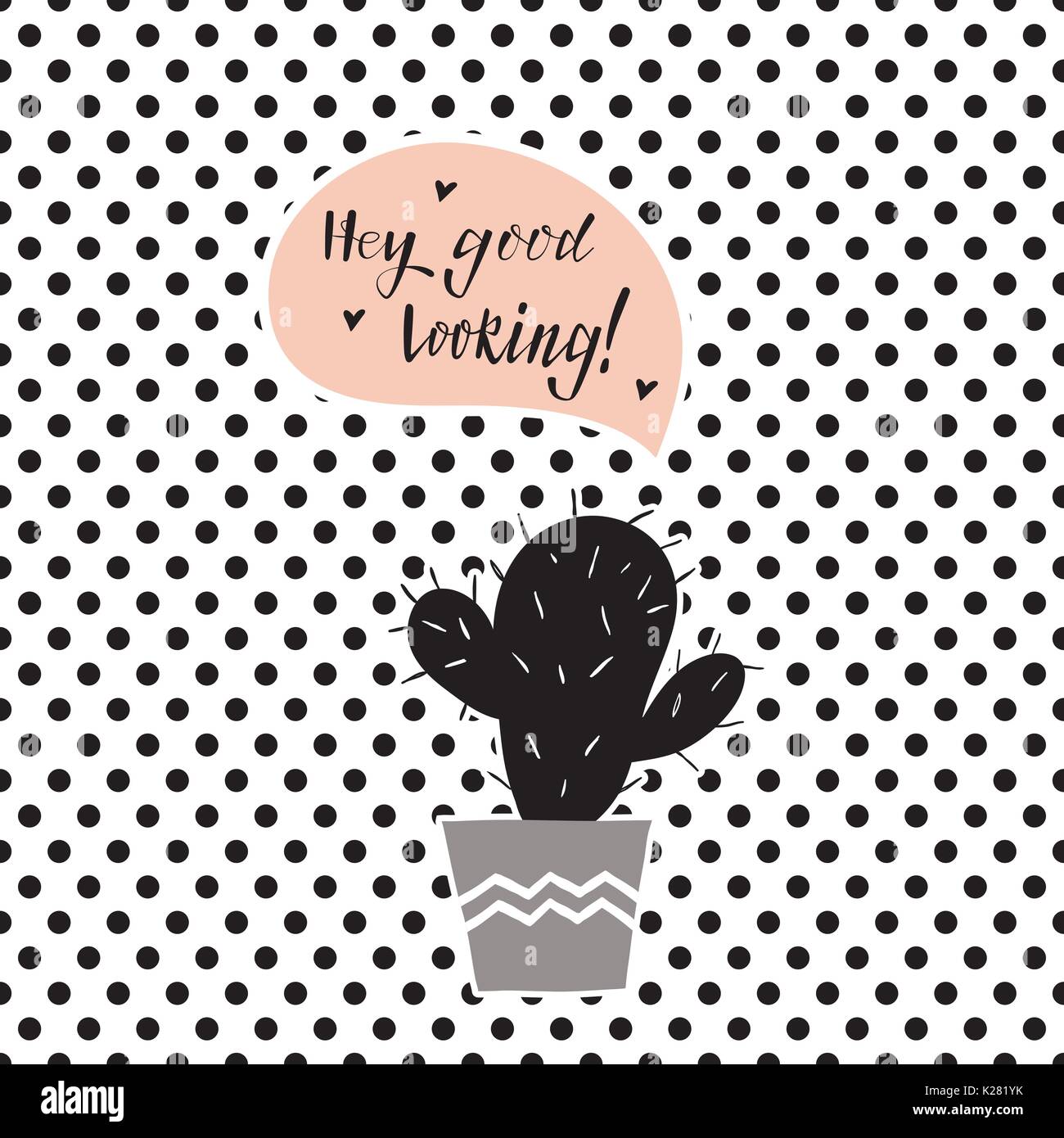 Hand drawn cactus with pink speech bubble on polka dot background ...
