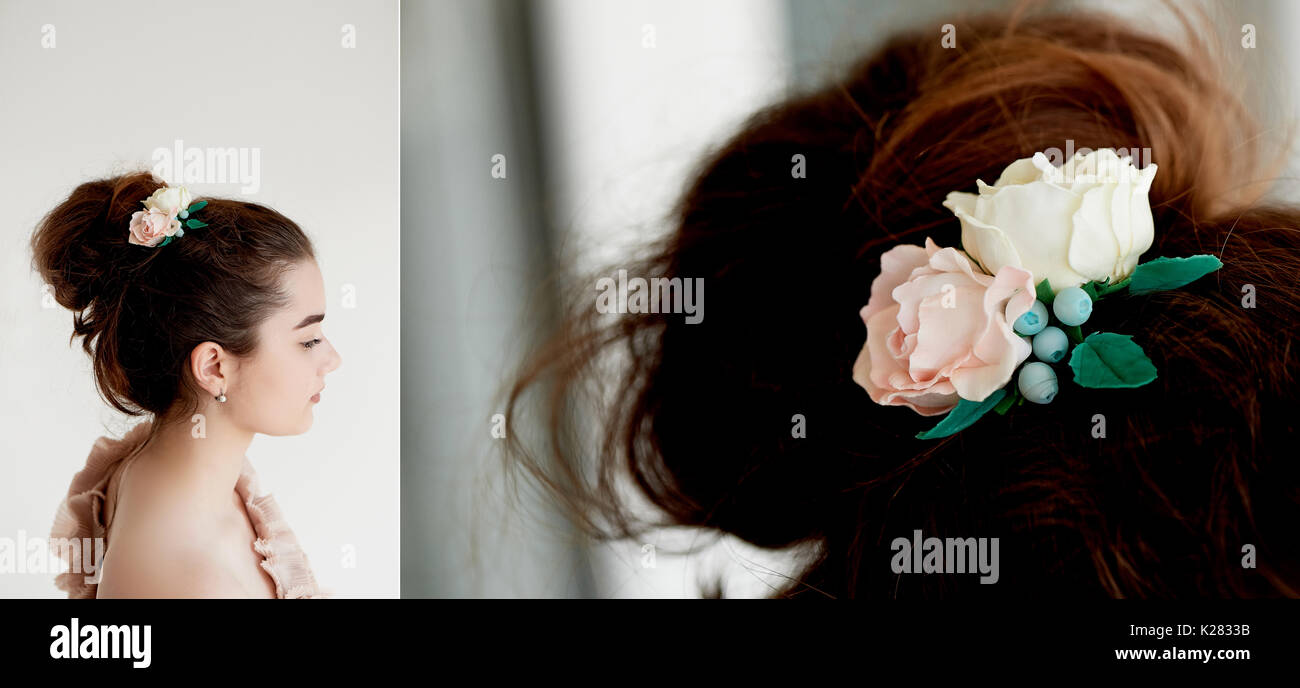 Portrait of beautiful girl with dark hair and light porcelain skin ...