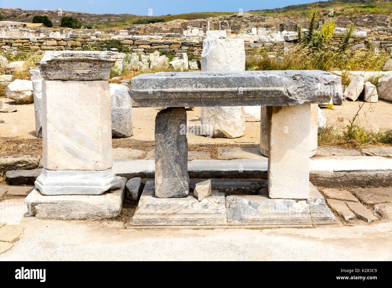 Some of the extensive ruins on the island of Delos, Cyclades, Greece ...