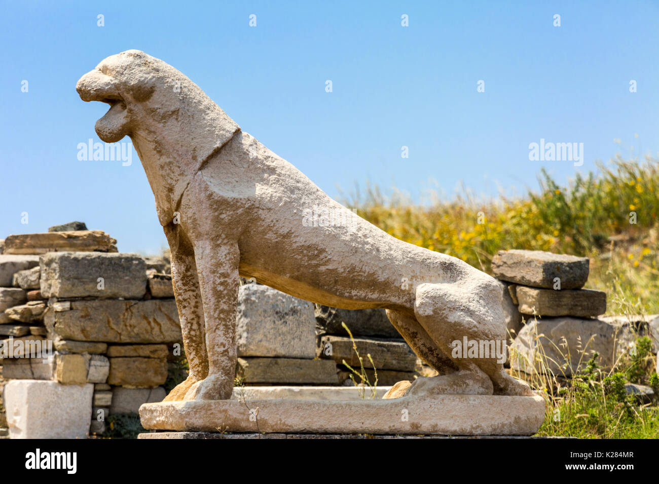 One of the lion sculptures part the terrace of lions, Delos, Greece ...