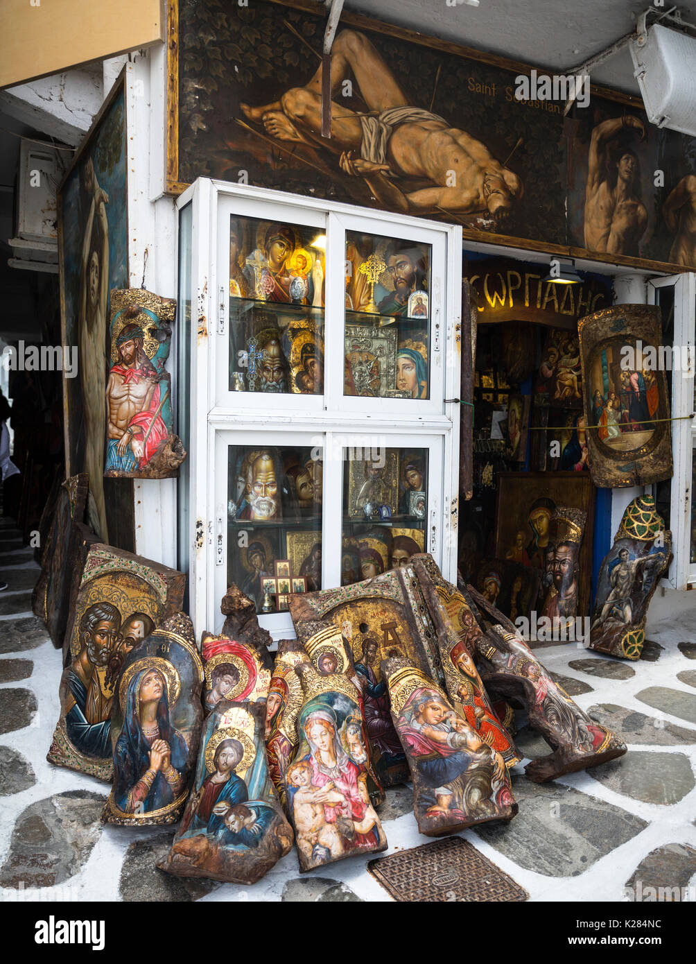 A shop selling Greek Orthodox replica icons to tourists, Mykonos ...