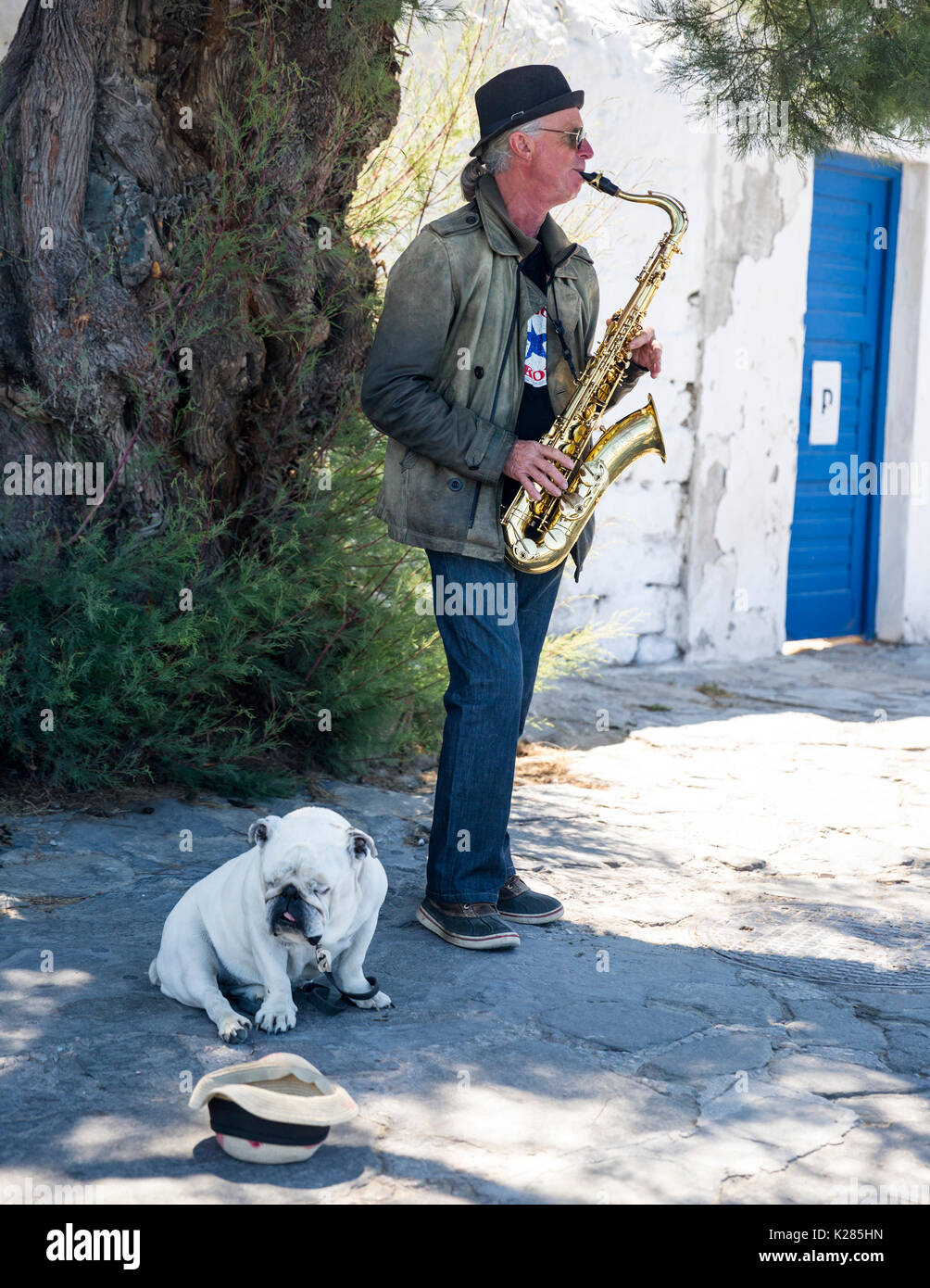 Man and dog busking on the street, Mykonos, Greece Stock Photo - Alamy