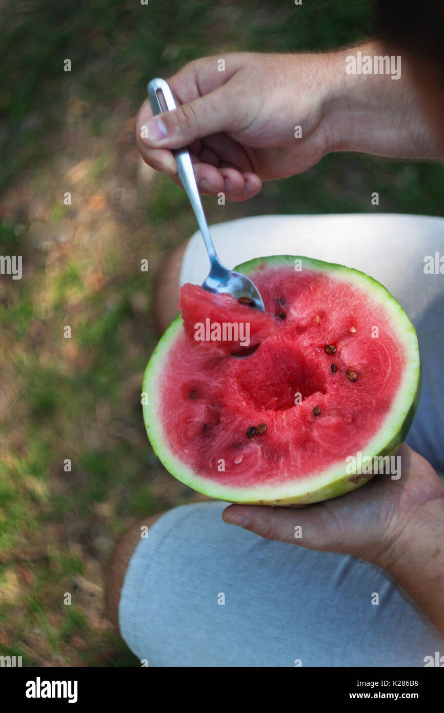 A young man is eating a watermelon with a spoon. The concept of healthy ...