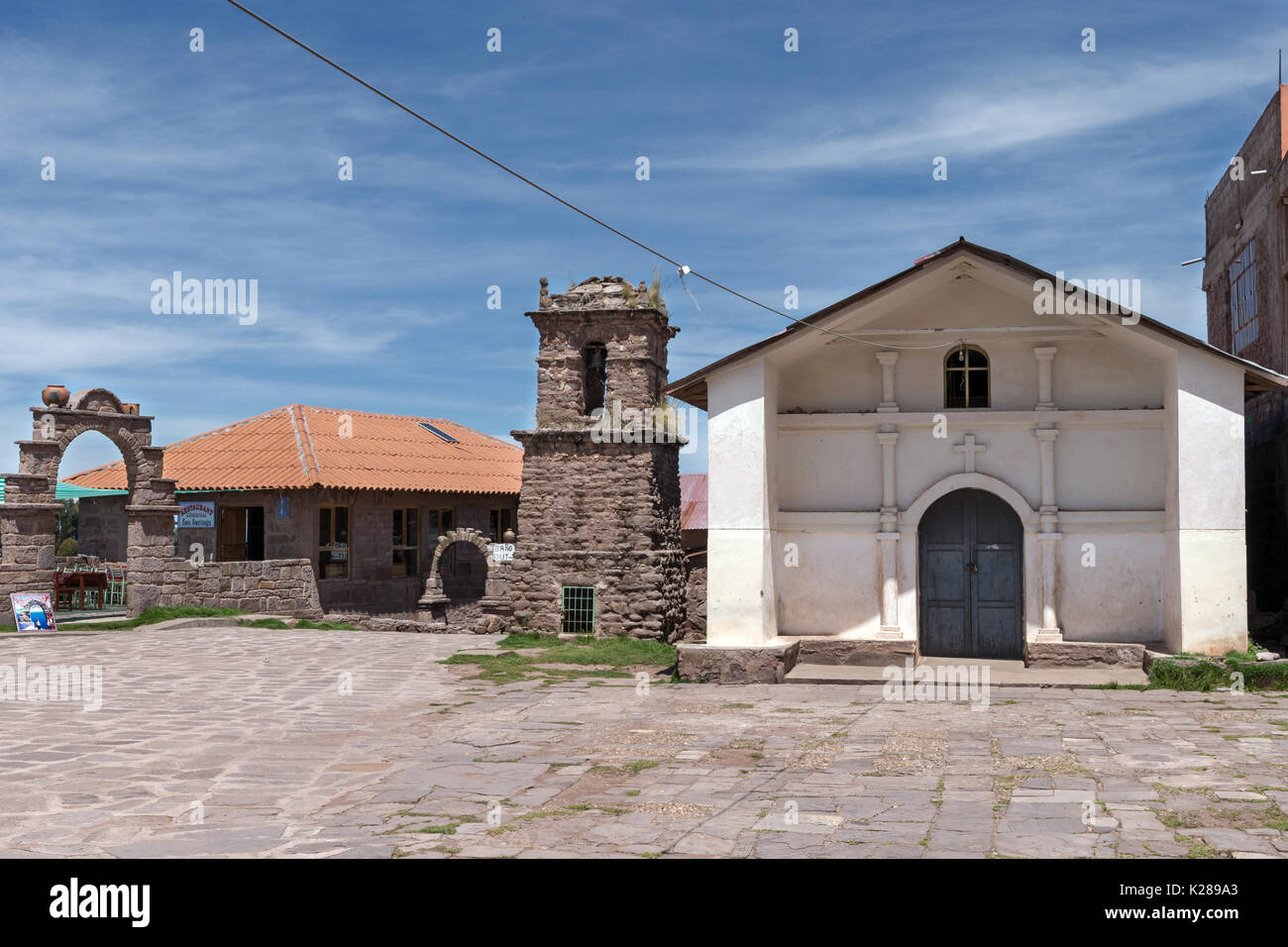 Local church in main plaza Taquile Island of the Quechua people Lake ...