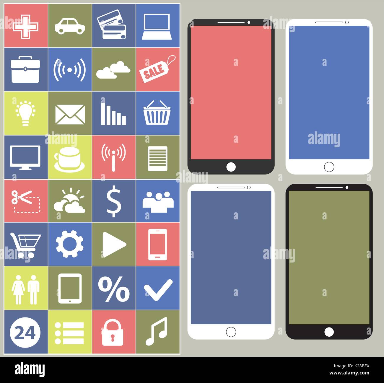 Smartphones different color, with different app icons , vector Stock ...