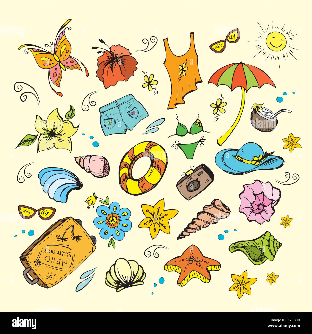 Summer Set. Beach elements set. Hand drawn vector illustration Stock ...