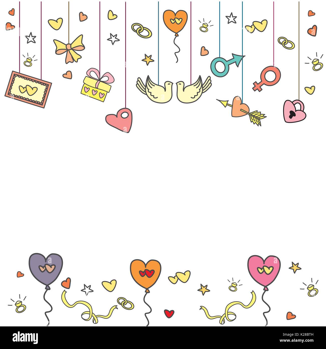 doodle wedding greeting card or background, hand drawn, vector ...
