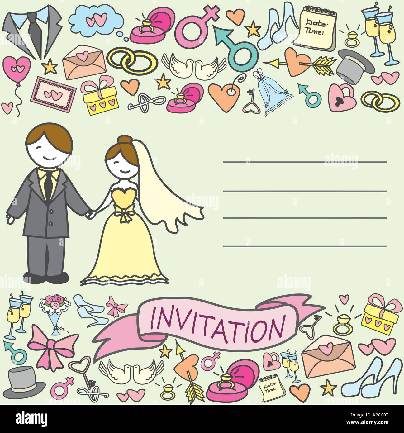 invitation card, bride and groom, doodle vector illustration Stock ...
