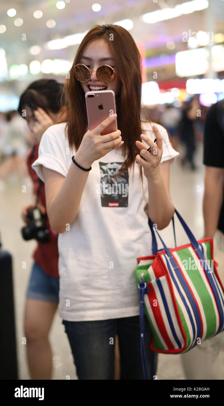 Chinese actress Lin Yun at the Shanghai Hongqiao International Airport ...
