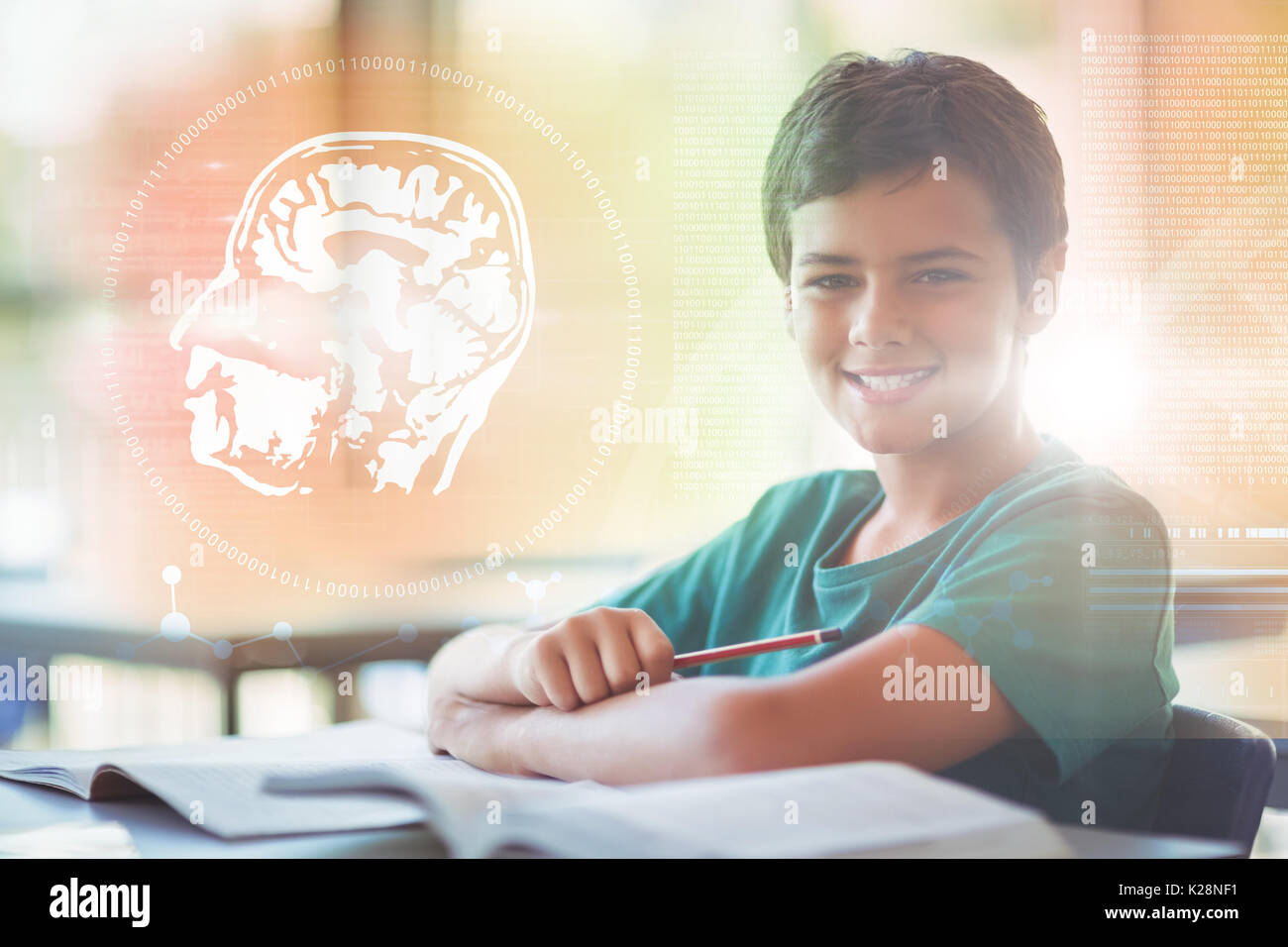 Composite image of digitally image of dna helix and brain interface ...