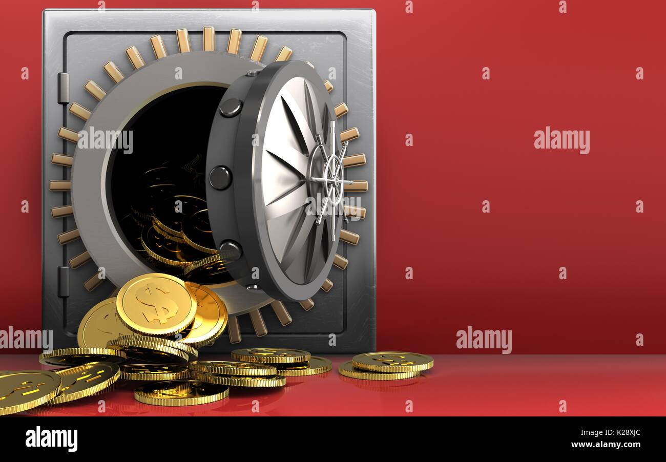 3d illustration of metal safe with dollar coins over red background ...
