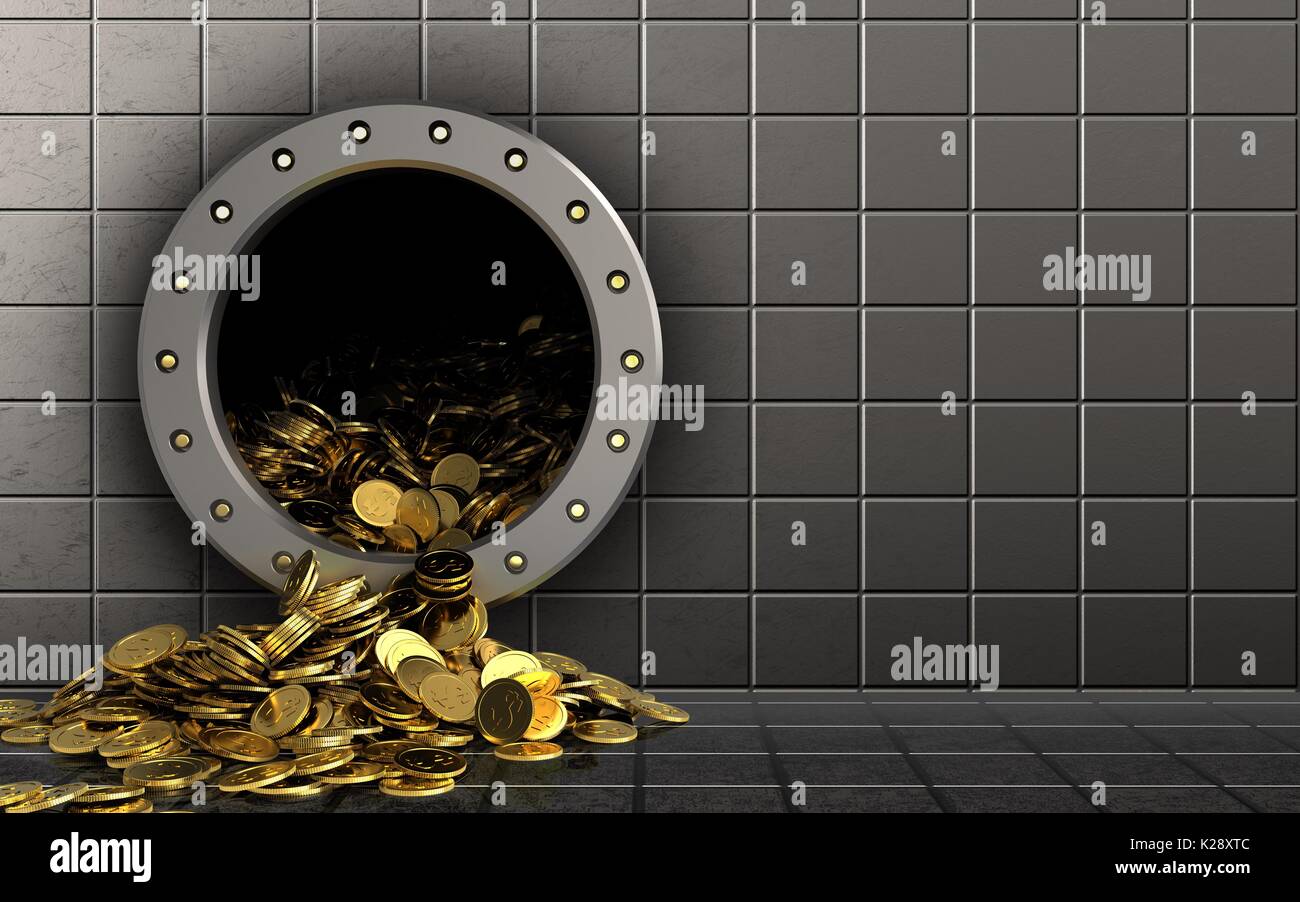 3d illustration of golden coins storage over steel wall background ...
