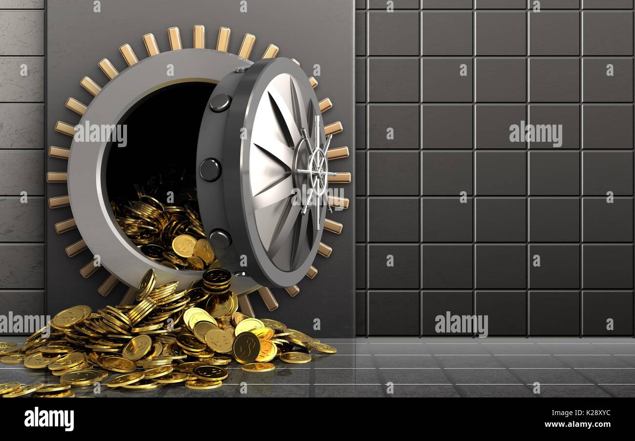 3d illustration of metal box with golden coins over steel wall ...