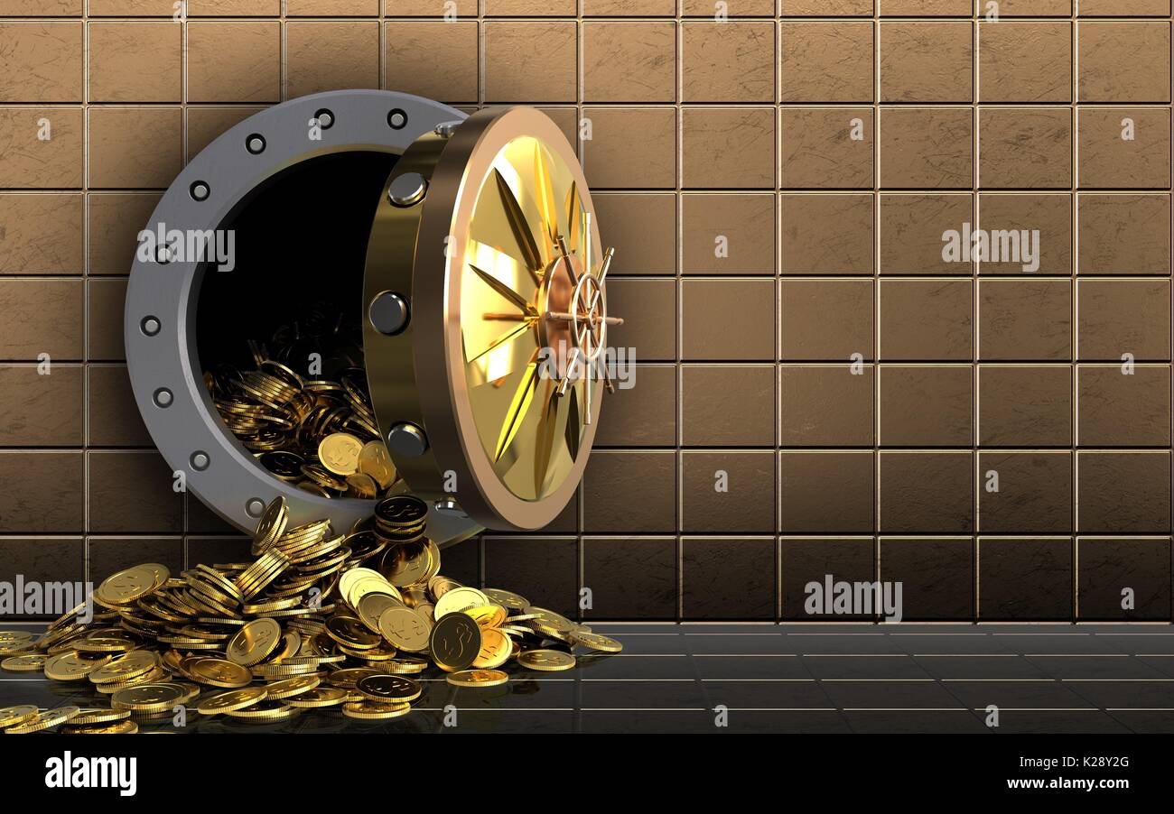 3d illustration of golden coins storage over golden wall background ...