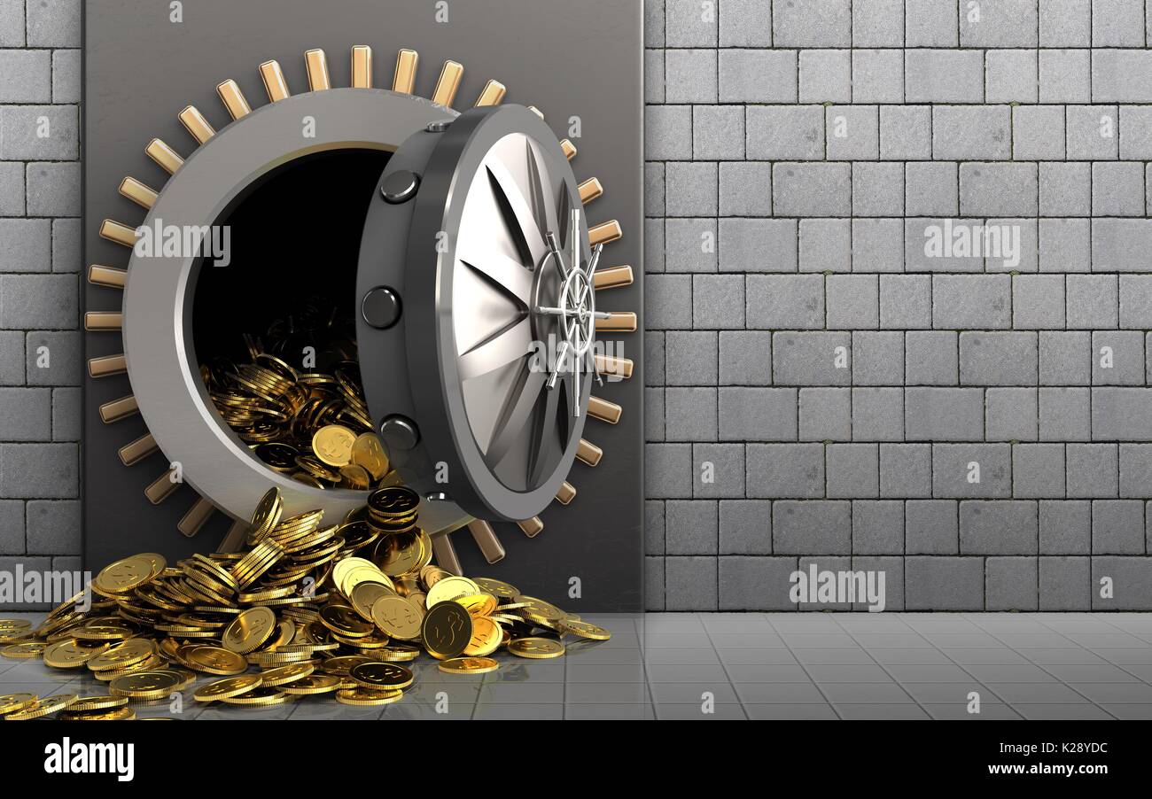 3d illustration of metal box with golden coins over white stones ...