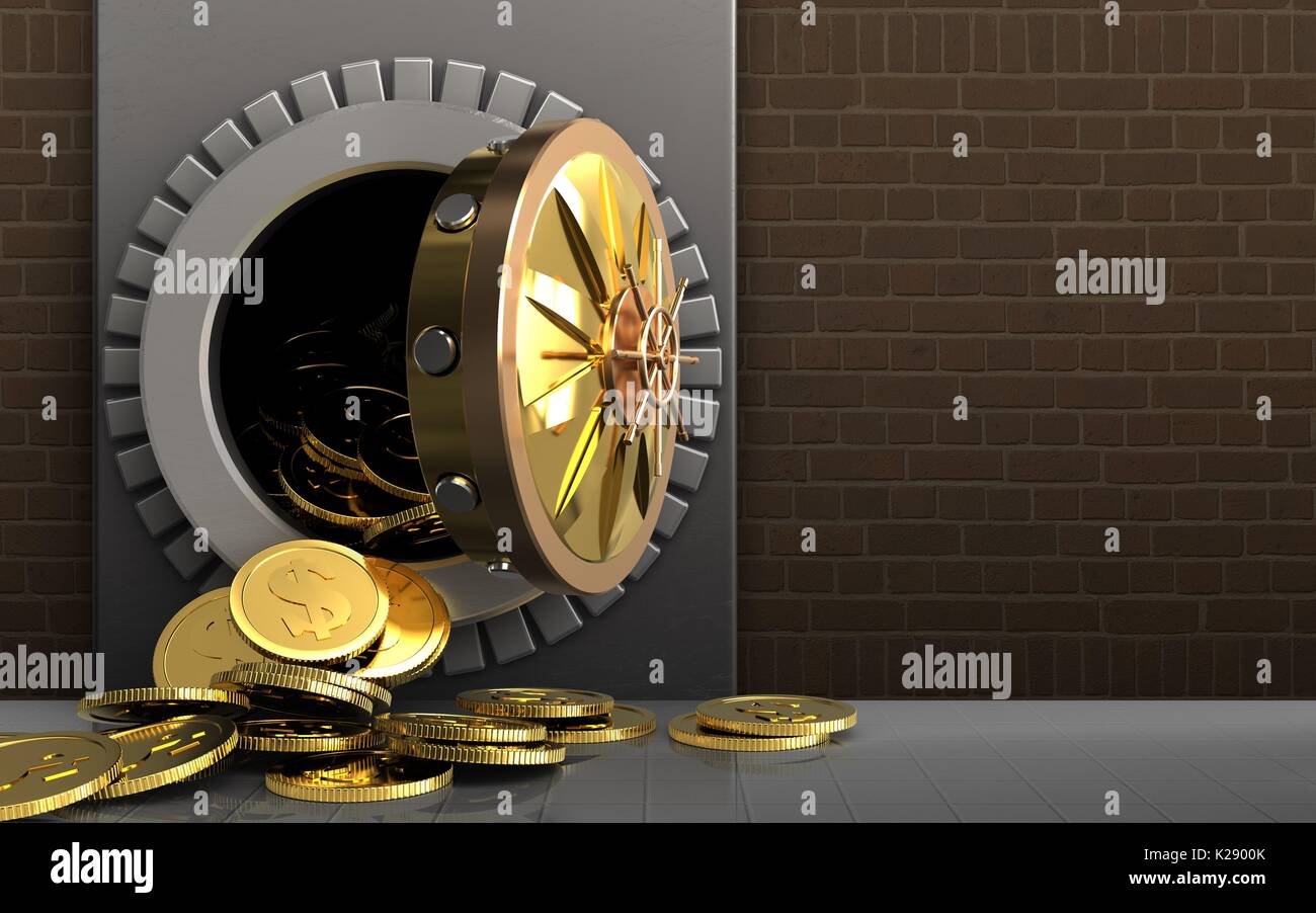 3d illustration of metal box with dollar coins over bricks background ...