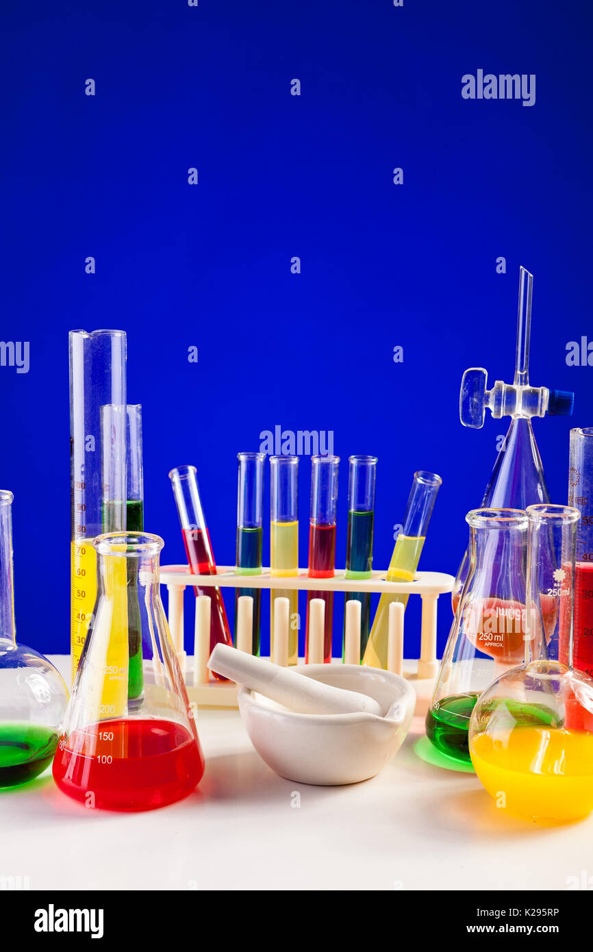Lab set for chemistry with colored liquids in them Stock Photo - Alamy