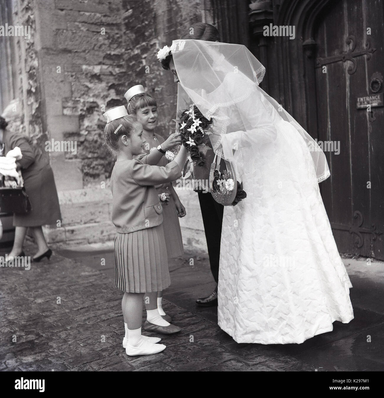 1964, historical, wedding, two flower girls with bride and groom ...