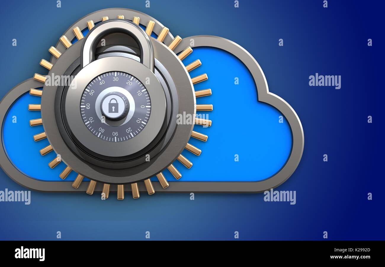 3d illustration of cloud with lock over blue background Stock Photo - Alamy