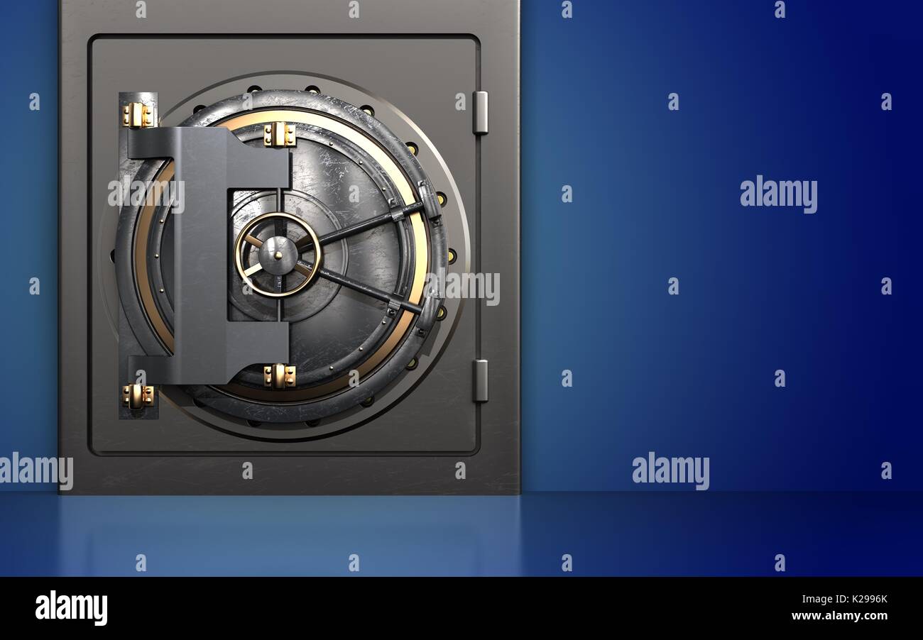 3d illustration of metal safe with vault door over blue background ...