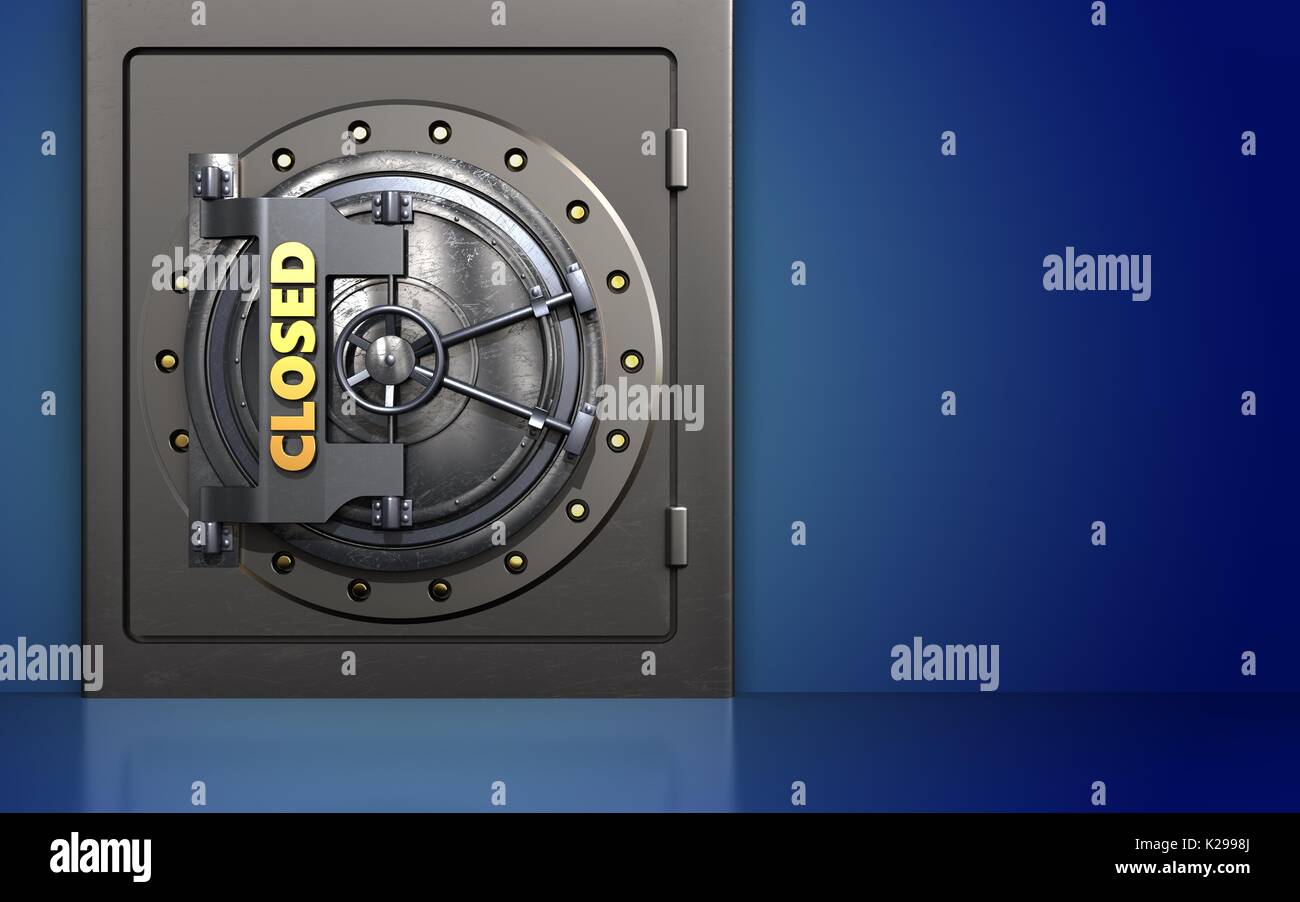 3d illustration of metal safe with closed vault door over blue ...