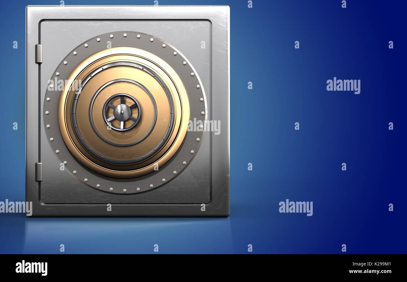 3d illustration of metal safe with golden vault door over blue ...