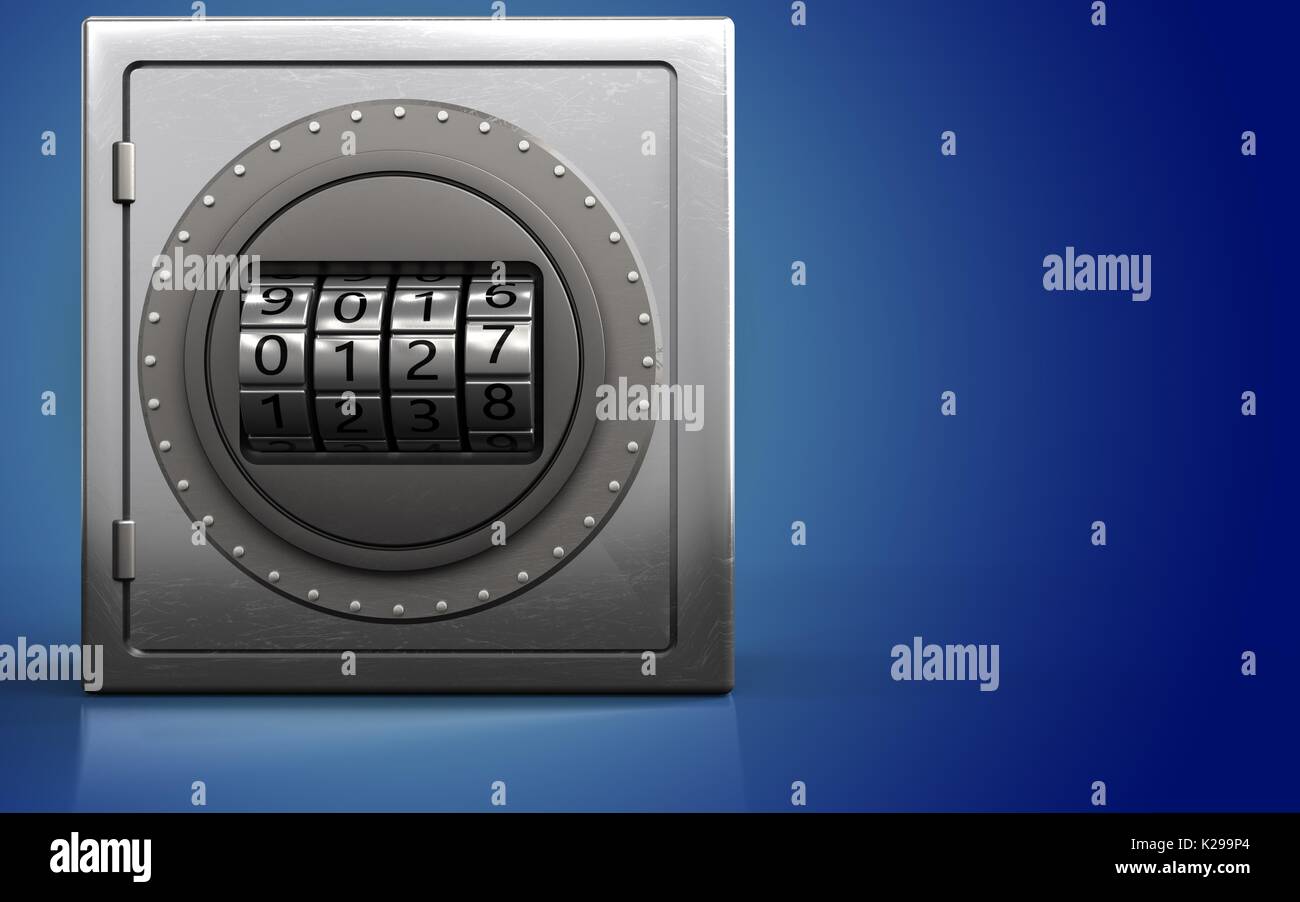 3d illustration of metal safe with code dial over blue background Stock ...